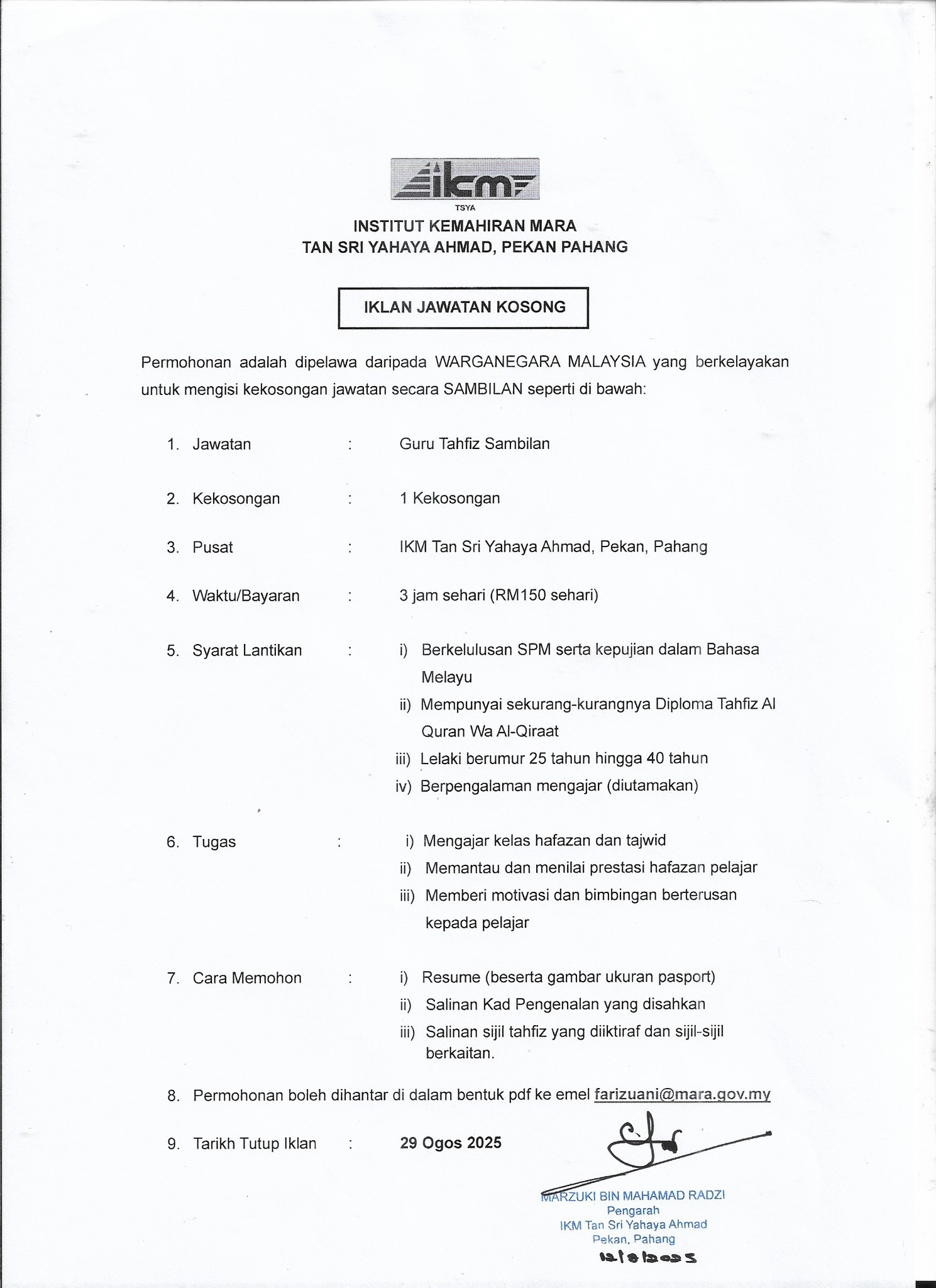 Iklan Jawatan Institut Kemahiran MARA (IKM) Tan Sri Yahaya Ahmad Pekan ...